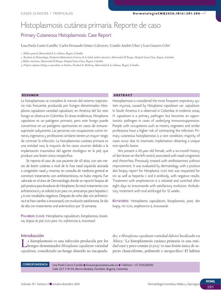 Histoplasmosis Cutánea Primaria. Reporte de Caso | Descargar gratis PDF | Enfermedades y ...