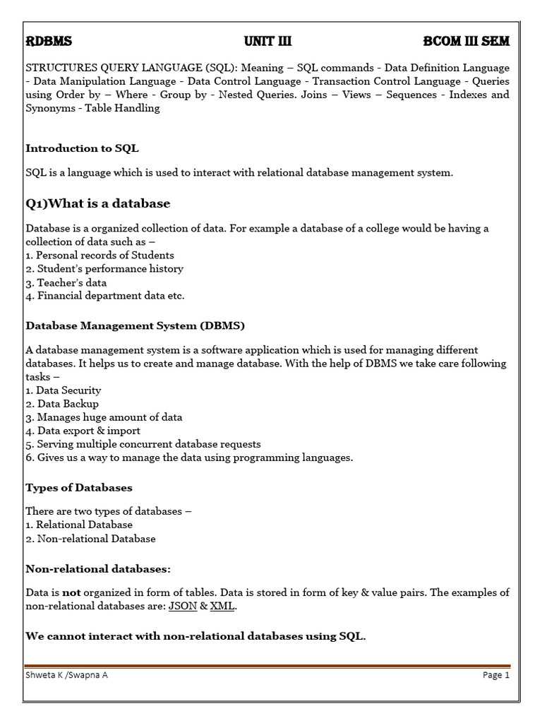 Rdbms Unit Iii 2023 Pdf Relational Database Sql 