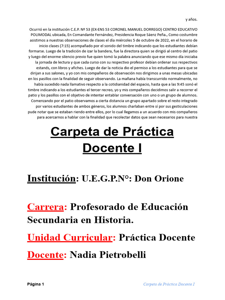Carpeta de Practica Docente I | PDF | Enseñando | Maestros