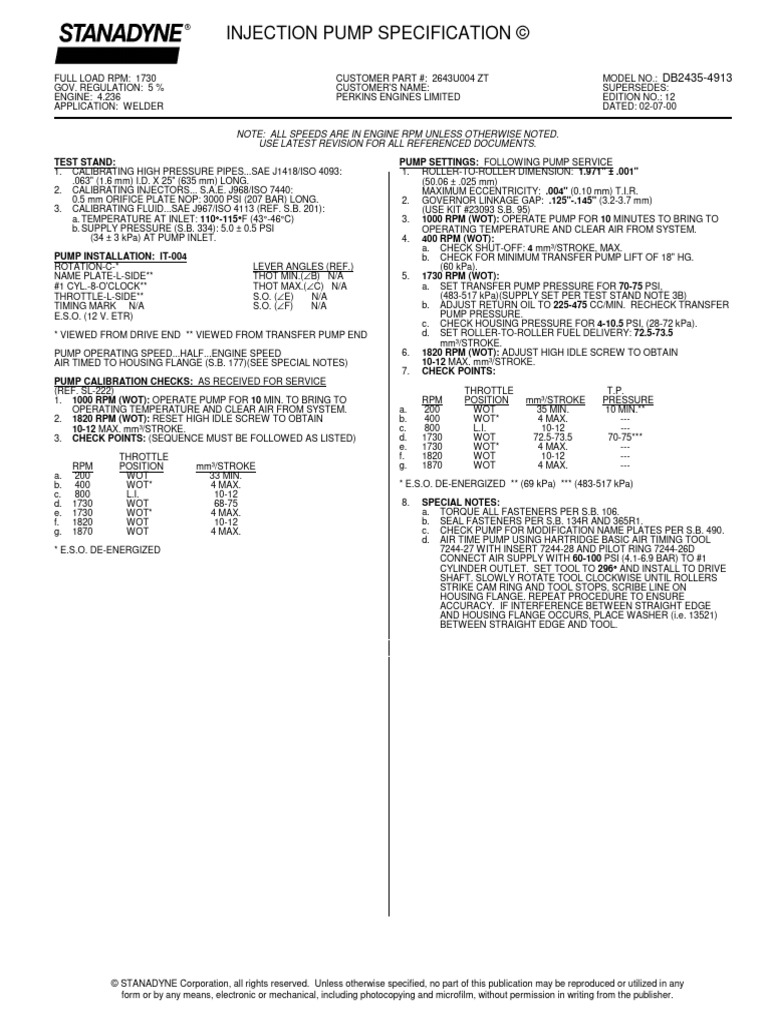 Injection Pump Specification ©: Use Latest Revision For All Referenced ...