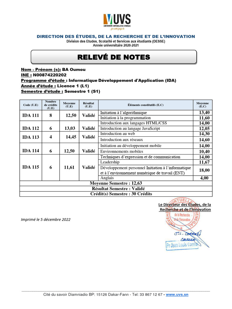 Relevé de notes Licence Informatique IDA | PDF | Internet | Internet et Web