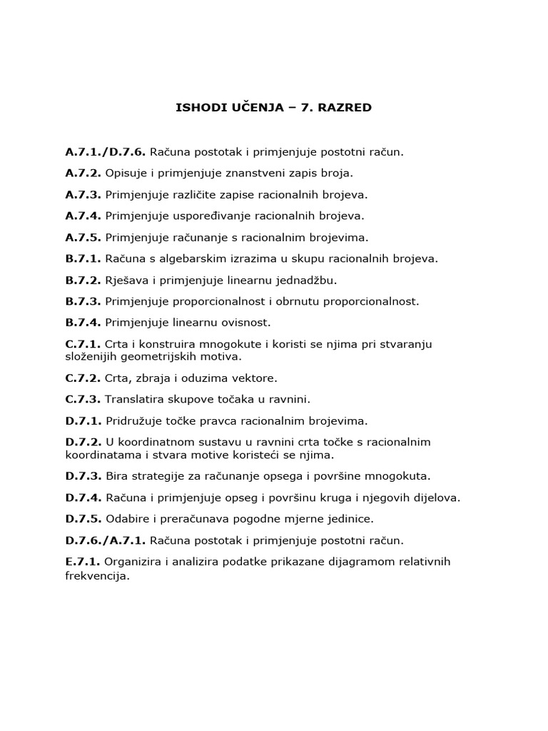 Ishodi Učenja - 7. Razred | PDF