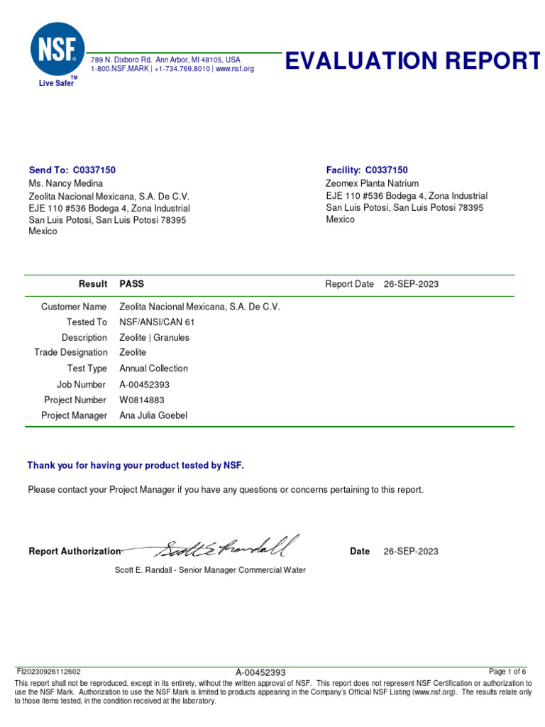 Test Report NSF | PDF | Chemistry | Chemical Substances