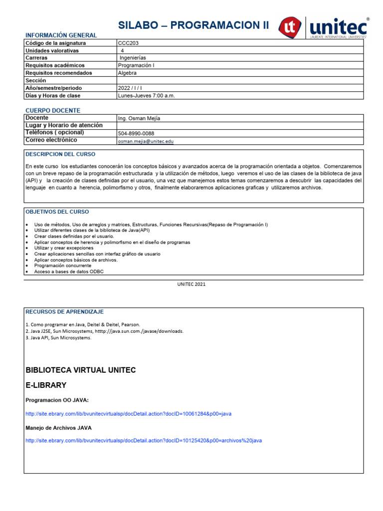 Programación II: Silabo UNITEC 2022 | PDF | Java (lenguaje de programación) | Objeto (informática)