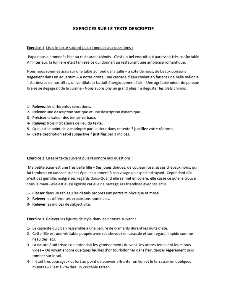 Exercices sur le texte descriptif | PDF