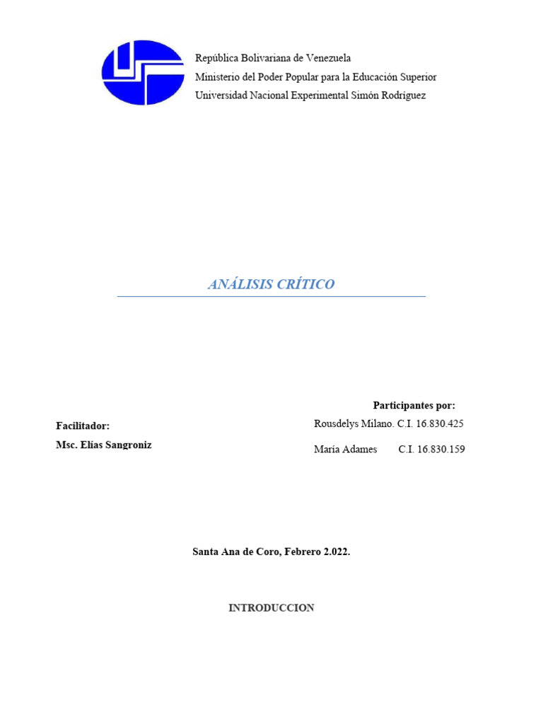 Tema 3. Analisis Critico Maria Adames y Rousdelys Milano. Unesr | PDF ...