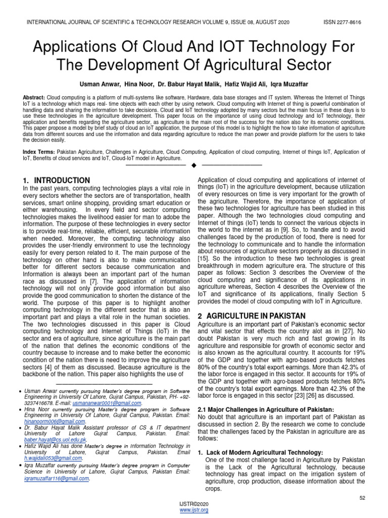 Applications of Cloud and Iot Technology For The Development of Agricultural Sector | PDF ...