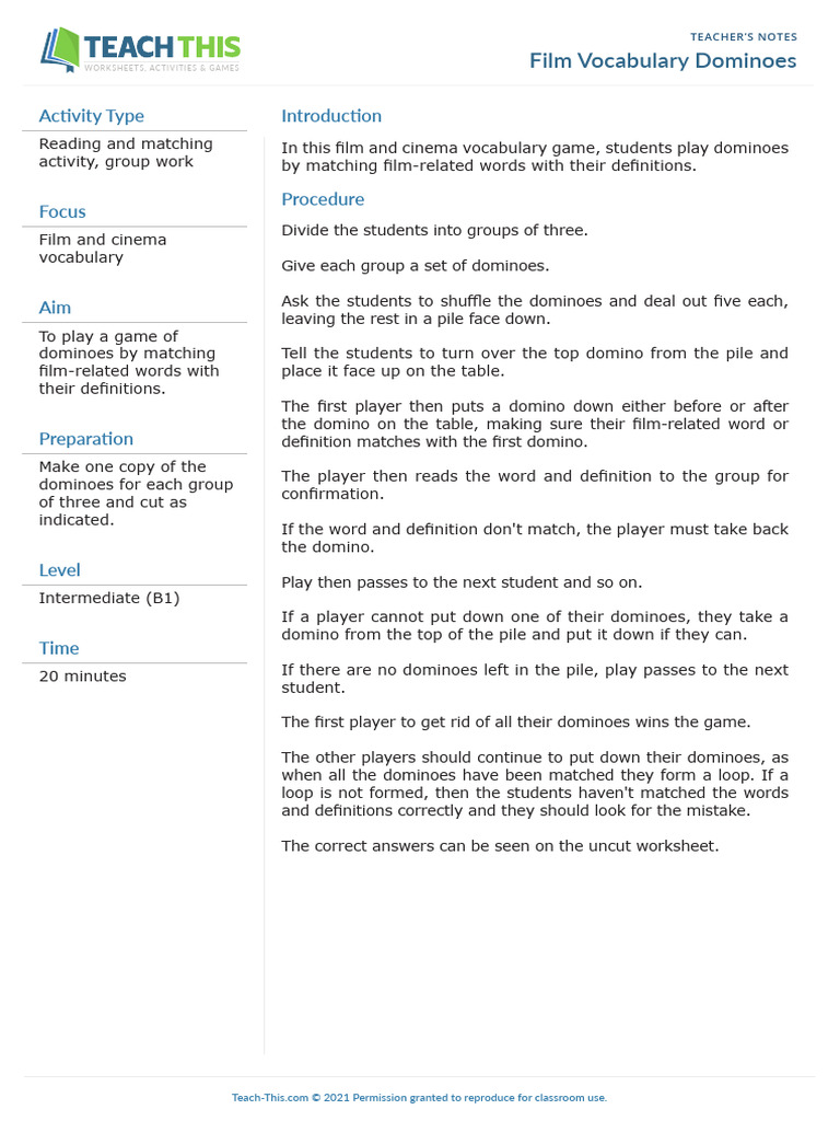 4 Lesson Domino Vocabulary | PDF | Computer Generated Imagery | Actor