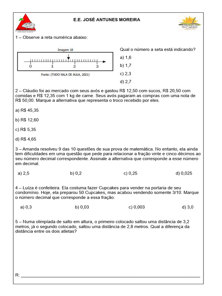 Atividades Do Material de Apoio Pedagogico Numeros Decimais | PDF ...
