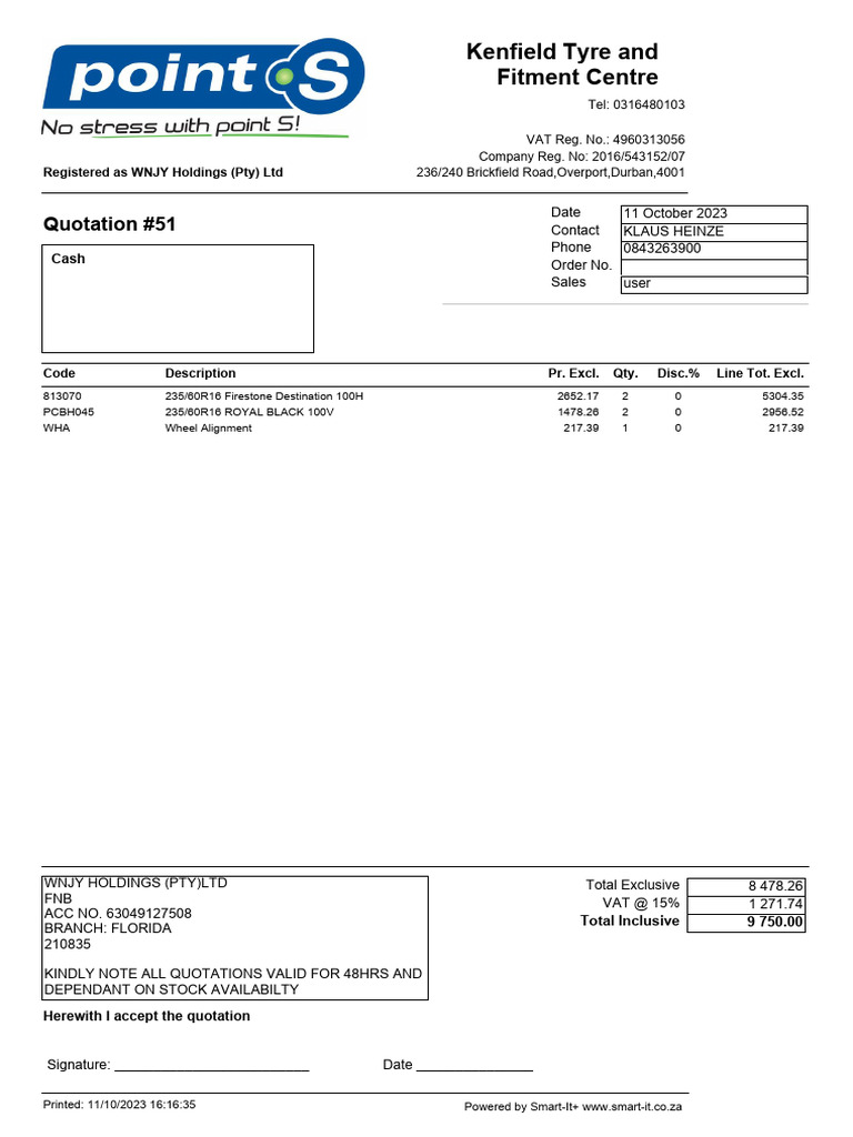 Kenfield Tyre and Fitment Centre - Quote 51 | PDF