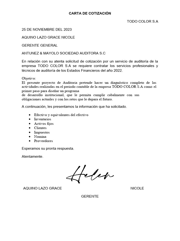 Carta de Cotizacion y Oferta | PDF | Auditoría | Contabilidad