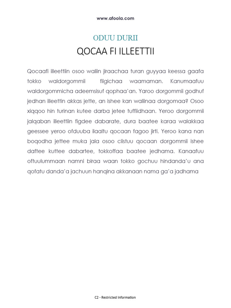 Oduu Durii Qocaa Fi Illeettii | PDF