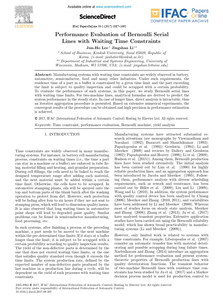 Performance Evaluation Of Bernoulli Serial Lines With Wait 2017