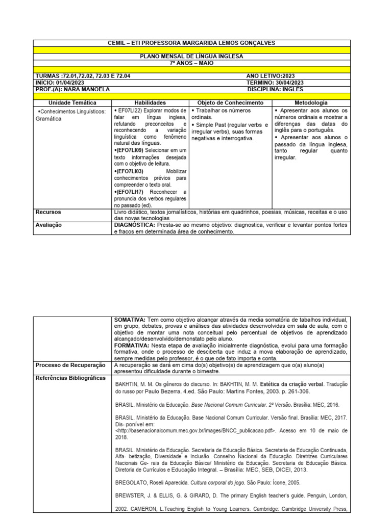 Plano de Trabalho Docente (PTD) 3 ETAPA 2024 - I, Download grátis PDF, Pedagogia - verloop.io