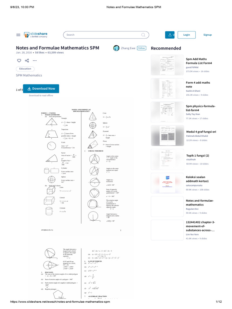 Notes and Formulae Mathematics SPM | PDF | Area | Circle