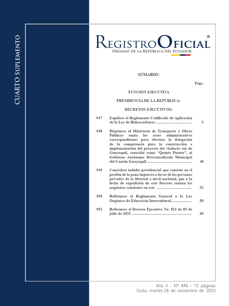 Decreto Ejecutivo 950 - Reforma Reglamento General A La Loei - R.O. 28-11-2023 | PDF ...