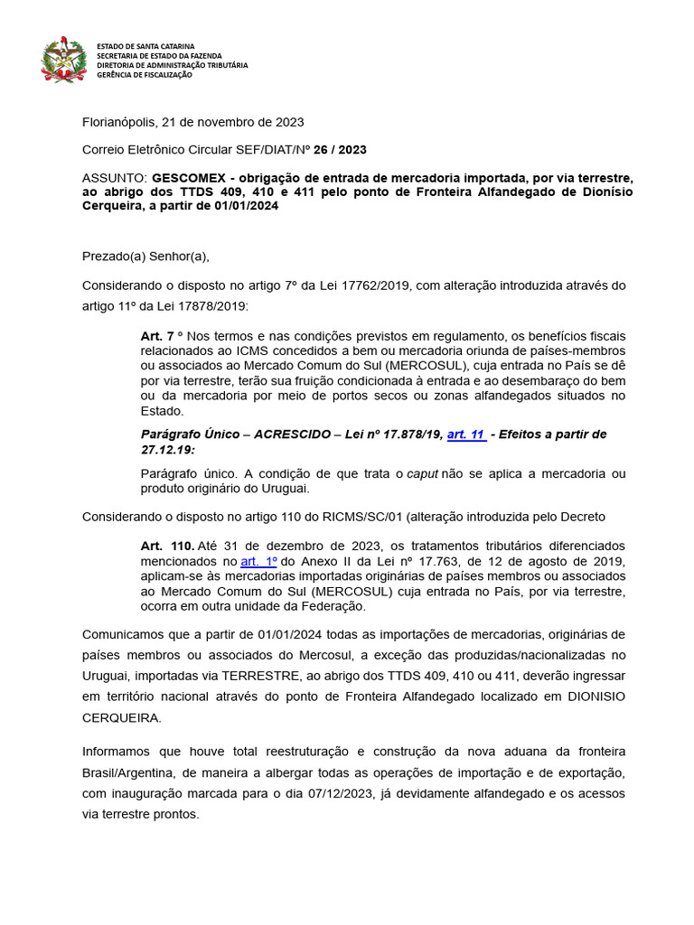Correio Eletronico 2023 26 GESCOMEX Entrada de Mercadoria Importada Por Via Terrestre Ao Abrigo ...