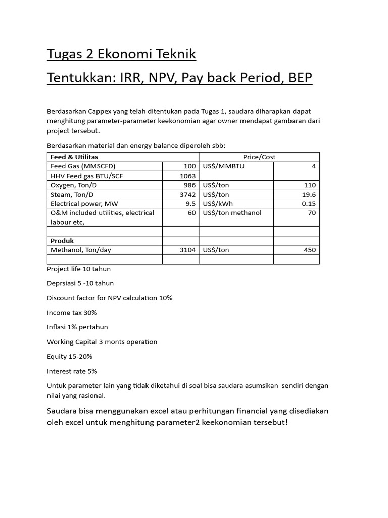 Tugas Ekotek 2 Penentuan IRR, NPV DLL Berdasarkan Capex OPEX Tugas 1 | PDF