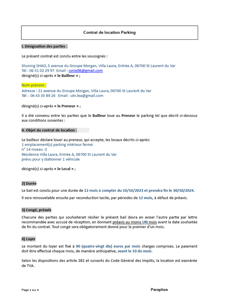 Contrat de Location de Garage | PDF