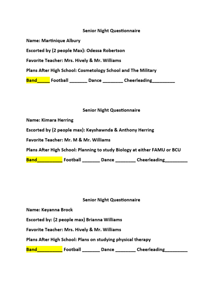 Senior Night Questionnaire | PDF