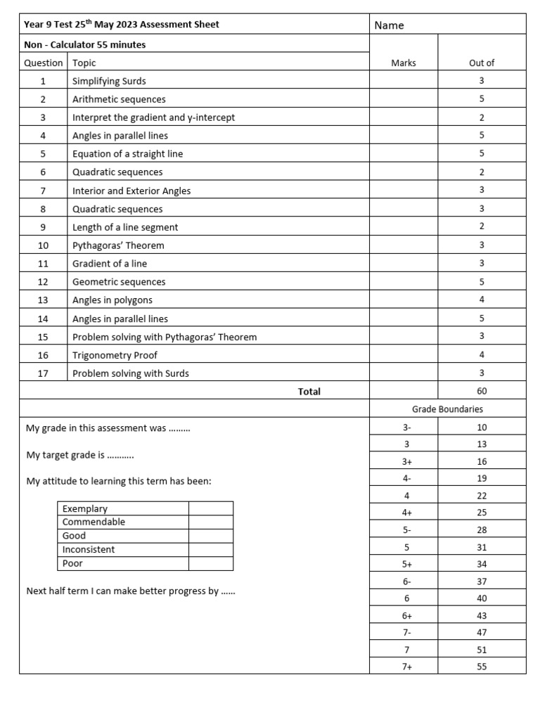 Year 9 Test May 2023 Assessment Sheet | PDF | Elementary Geometry ...