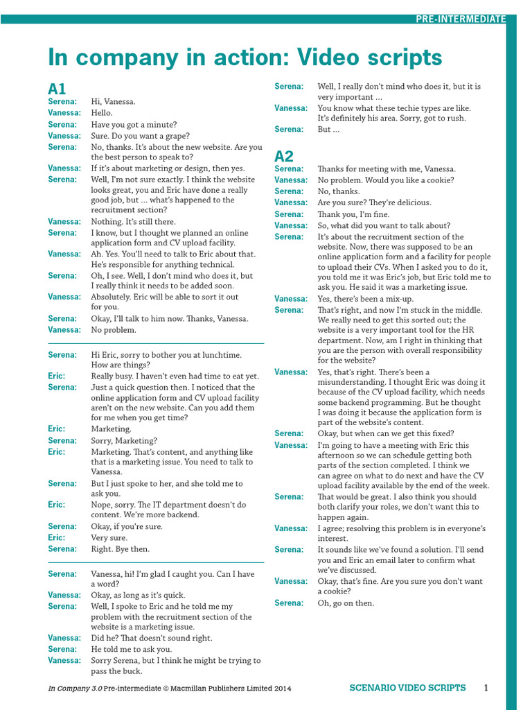 In Company 3.0 Pre-Intermediate in Action Video Scripts | PDF