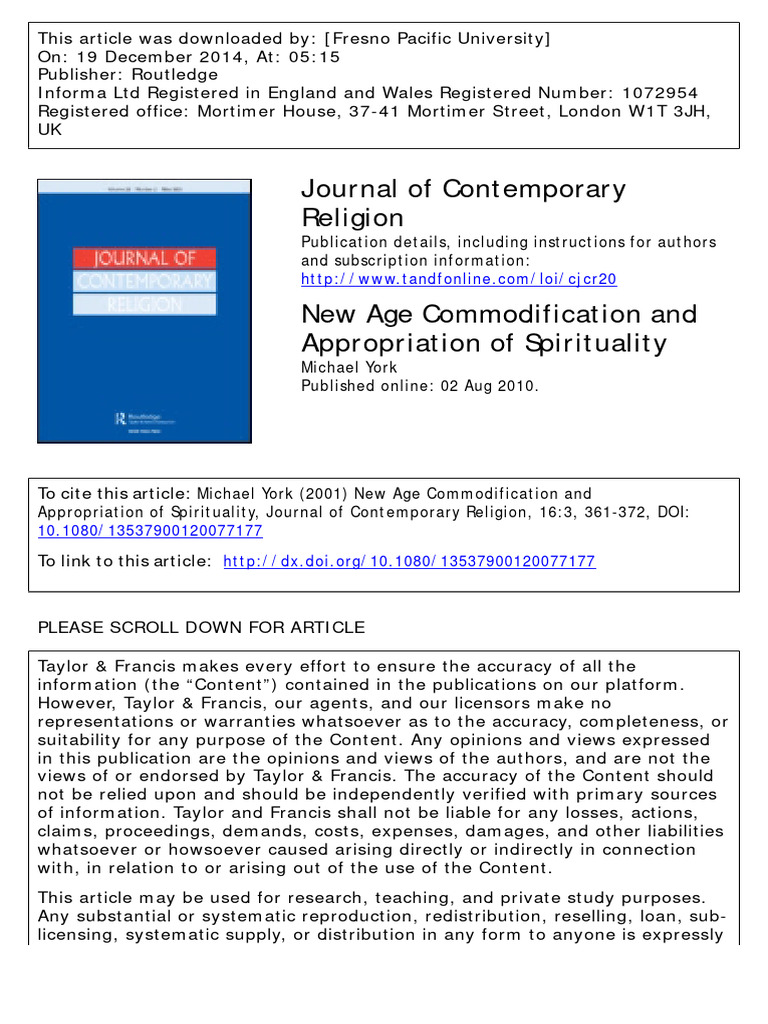 York - 2001 - New Age Commodification and Appropriation of Spirituality ...