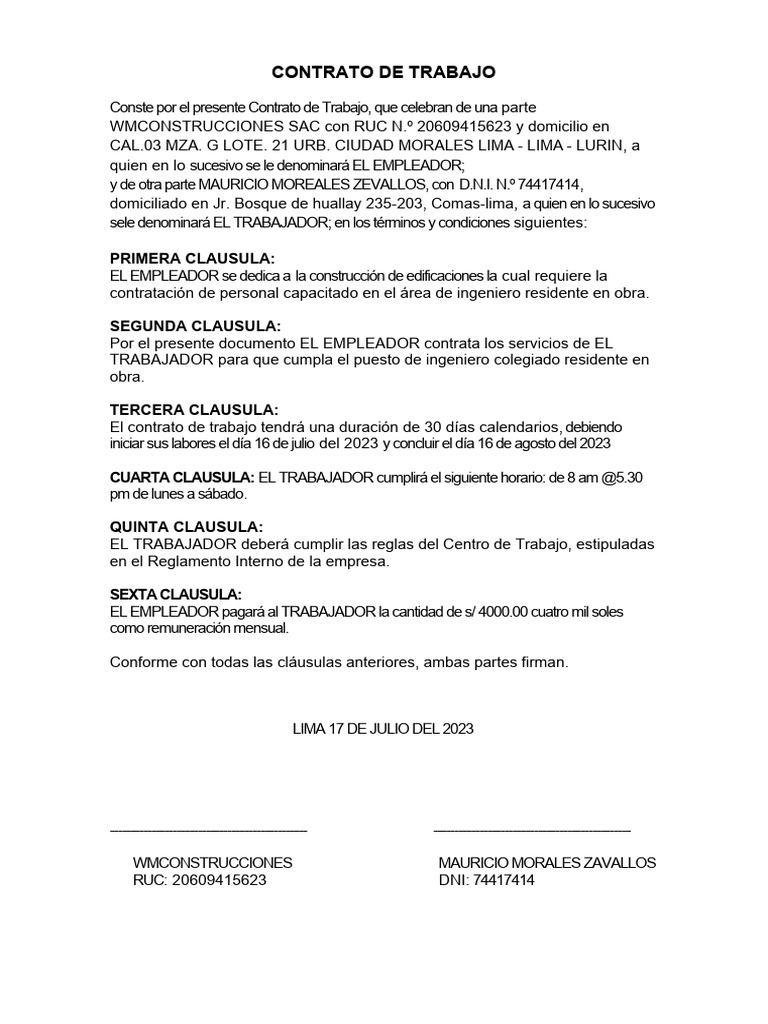Contrato de Trabajo Simple | PDF