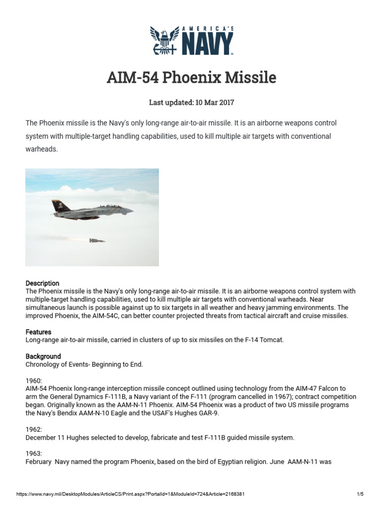 AIM-54 Phoenix Missile, USN | PDF | Aircraft | Military Technology
