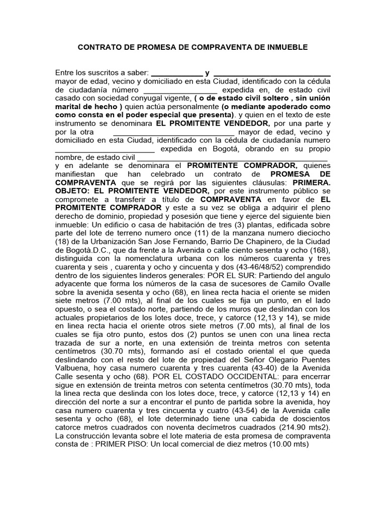 Modelo Contrato de Promesa de Venta de Inmueble Urbano 1 | Descargar gratis PDF | Derecho y ...