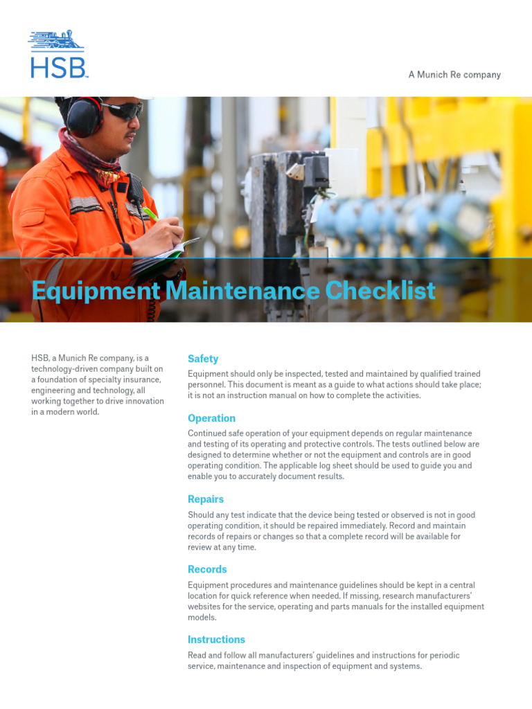 Equipment Maintenance Checklist | PDF | Boiler | Pump