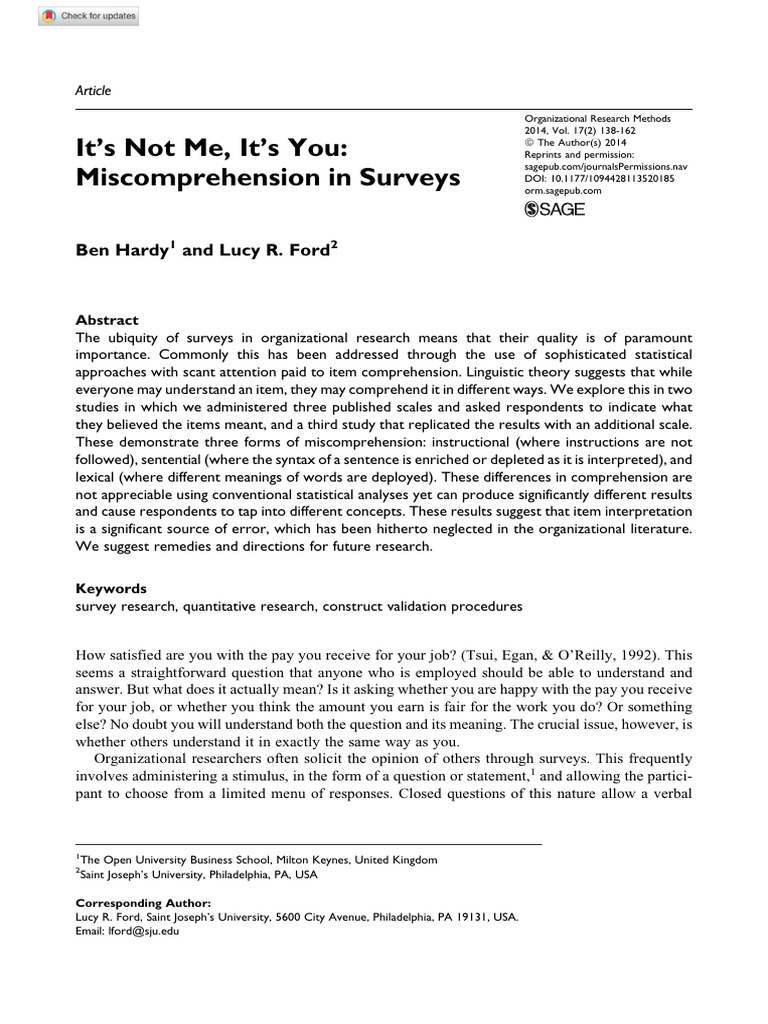 Hardy Ford 2014 It S Not Me It S You Miscomprehension in Surveys | PDF ...