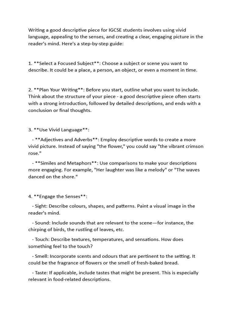 Writing A Good Descriptive Piece For IGCSE Students | PDF | Essays | Senses