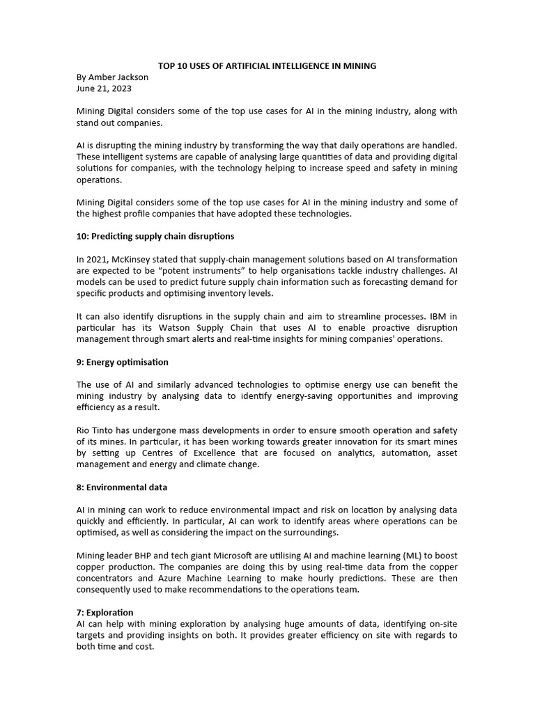 Top 10 Uses of Artificial Intelligence in Mining | PDF | Artificial Intelligence | Intelligence ...