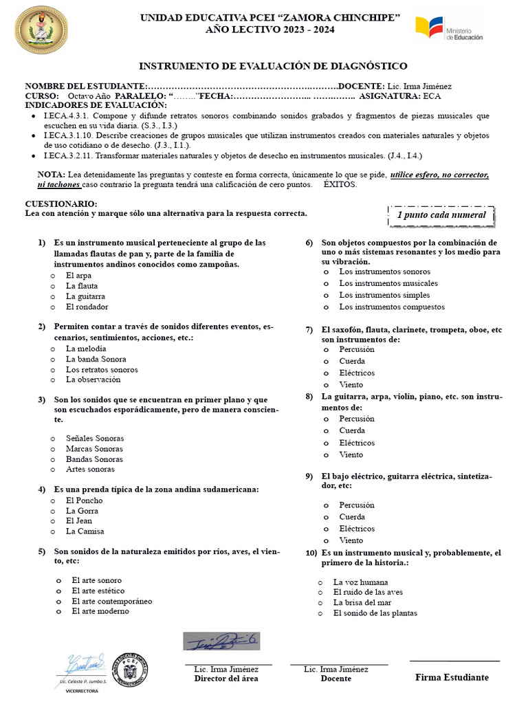 EVALUACIÓN DE DIAGNÓSTICO de 8vo, 9no, 10mo 1ro BgU y 2do BGU | PDF | Instrumentos musicales ...