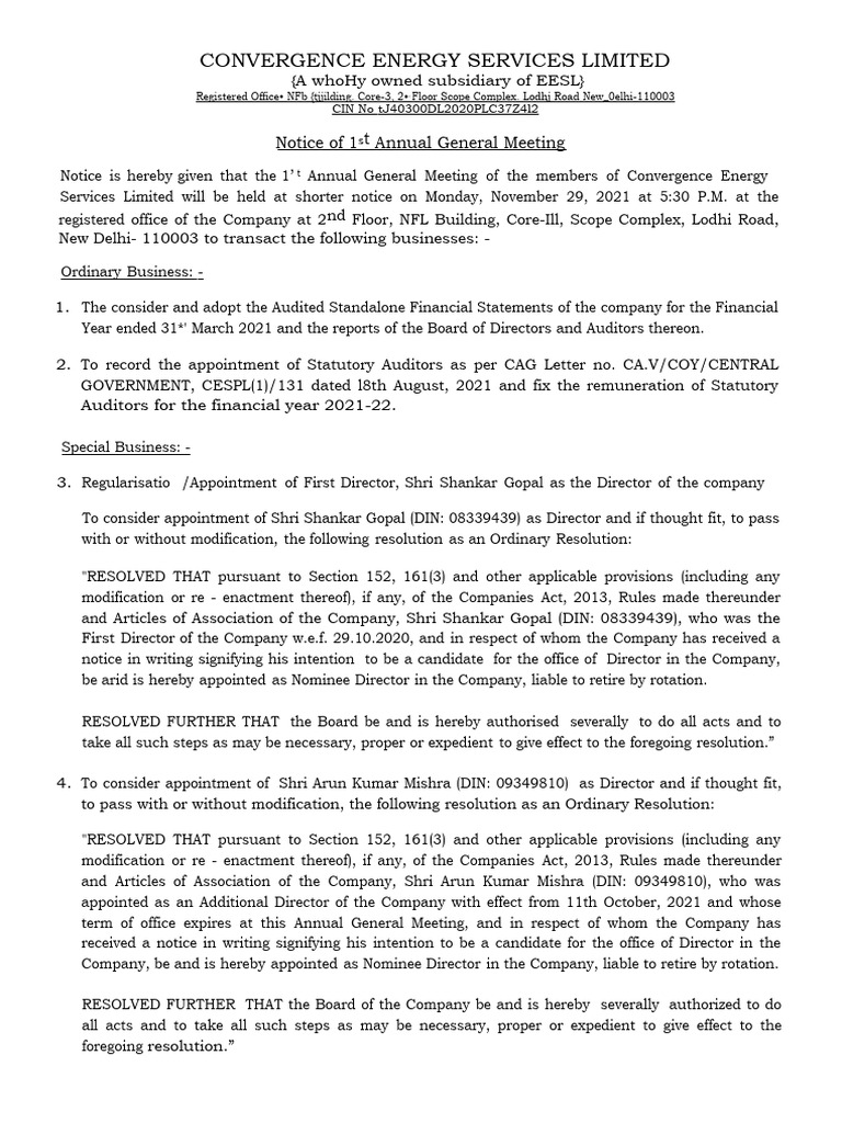 Sample Notice of 1st Annual General Meeting | PDF | Board Of Directors ...