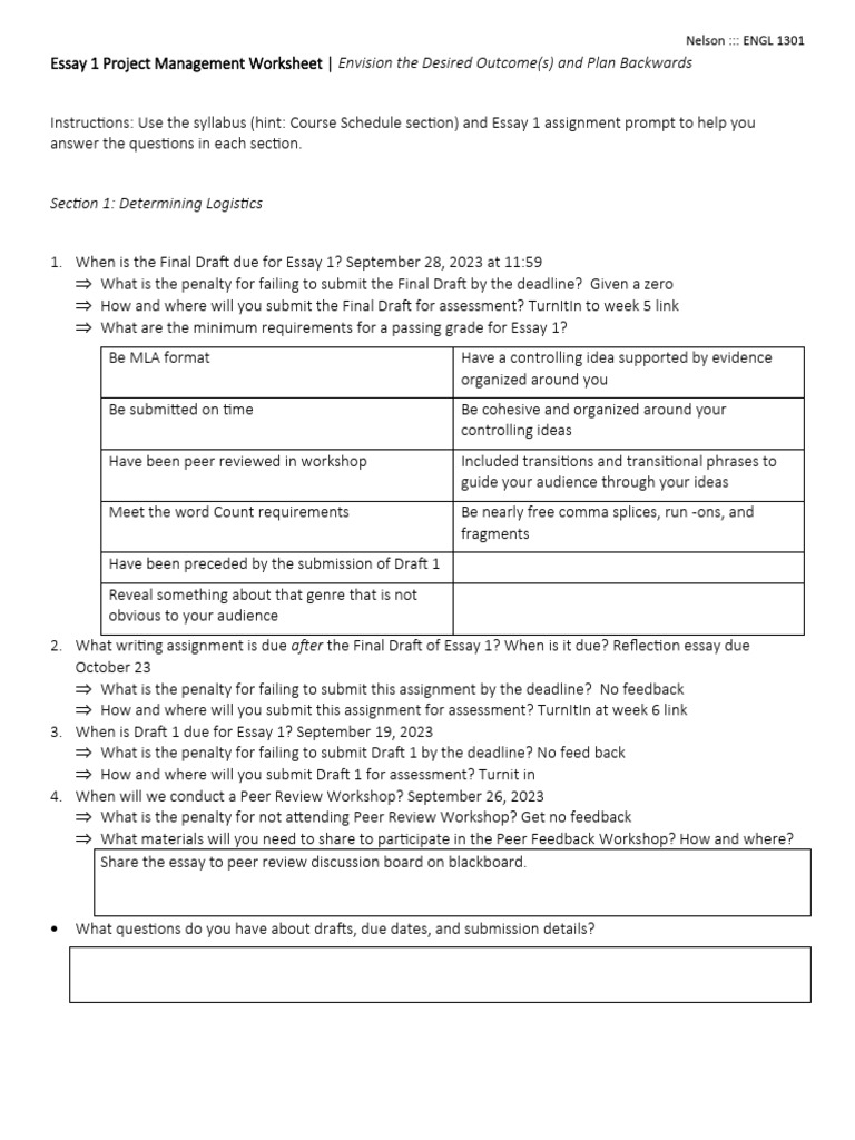 Essay 1 Project Worksheet 1301 | PDF | Essays | Peer Review