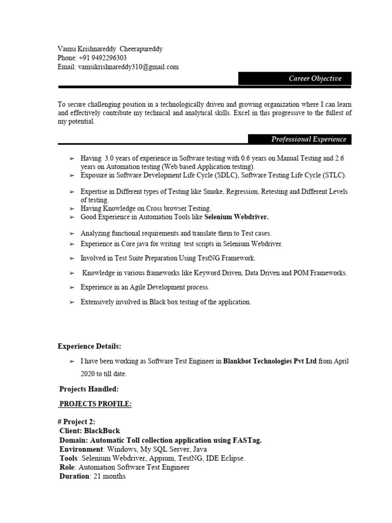 Vamsi Automation Resume | PDF | Selenium (Software) | Software Testing