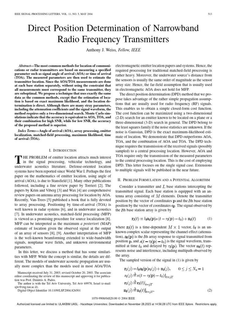 Direct Positioning of RF Transmitters | PDF | Eigenvalues And ...