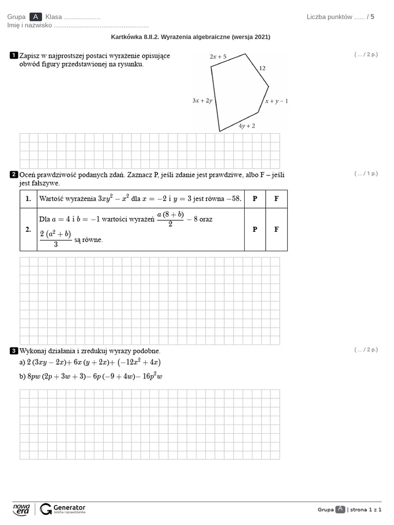 Kartkowka 8.II.2. Wyrazenia Algebraiczne Wersja 2021 Test Z Widoczna ... Kartkowka 8.II.2. Wyrazenia Algebraiczne Wersja 2021 Test Z Widoczna ...