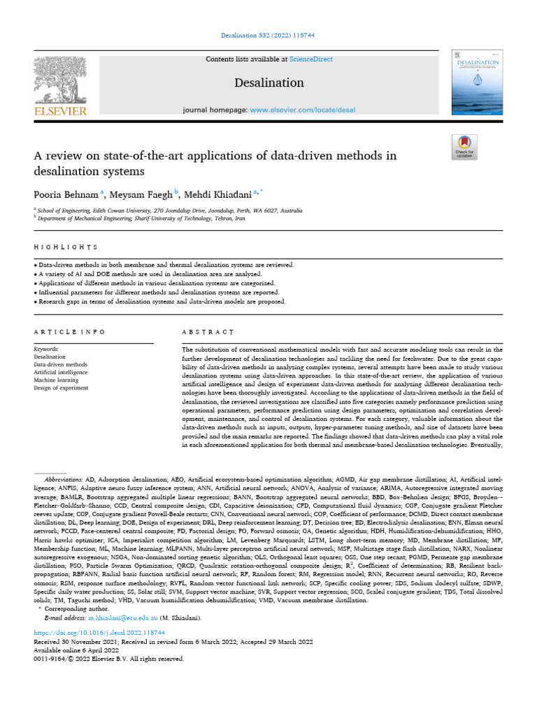 A Review On State-Of-The-Art Applications of Data-Driven Methods in Desalination Systems | PDF ...