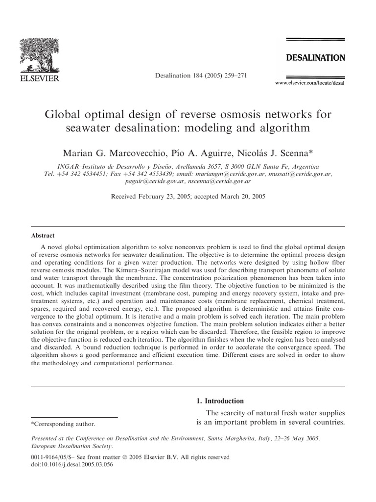 Global Optimal Design of Reverse Osmosis Networks For | PDF | Mathematical Optimization | Membrane