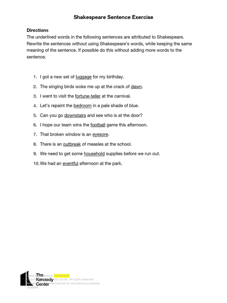 Shakespeare Sentence Exercise | PDF