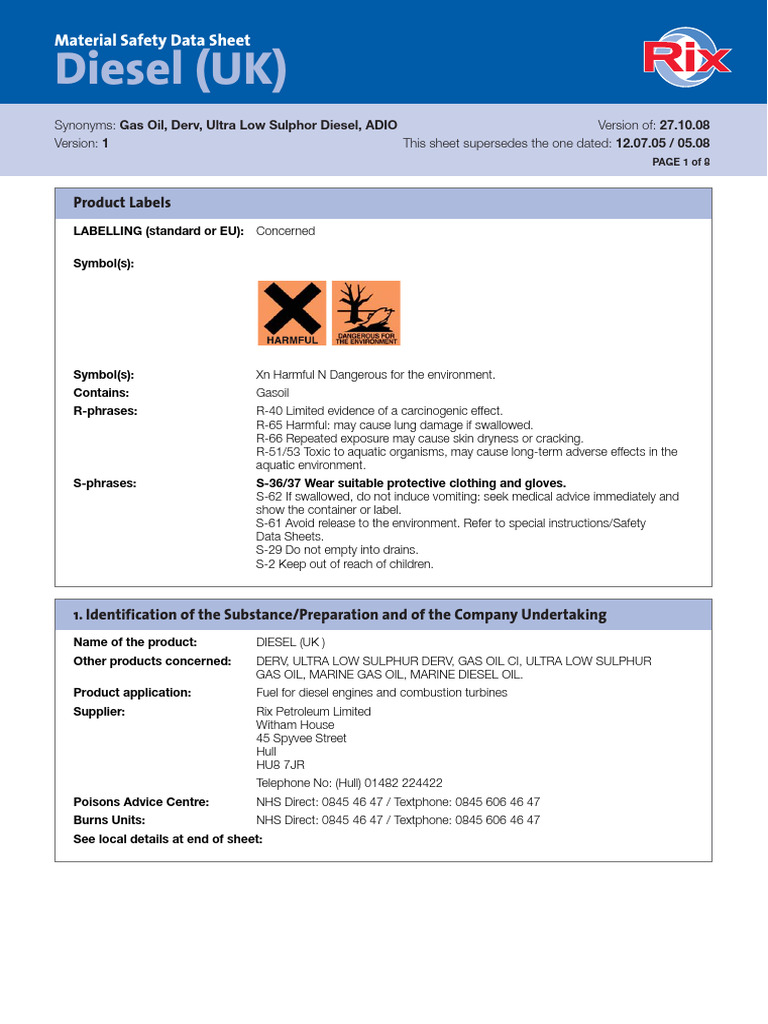 Diesel (UK) Material Safety Data Sheet | PDF | Firefighting | Diesel Fuel