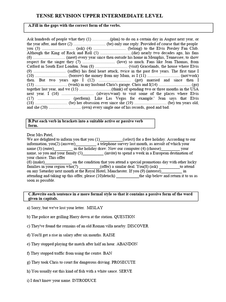 Upper Intermediate Level Tense Revision - Free Word Template