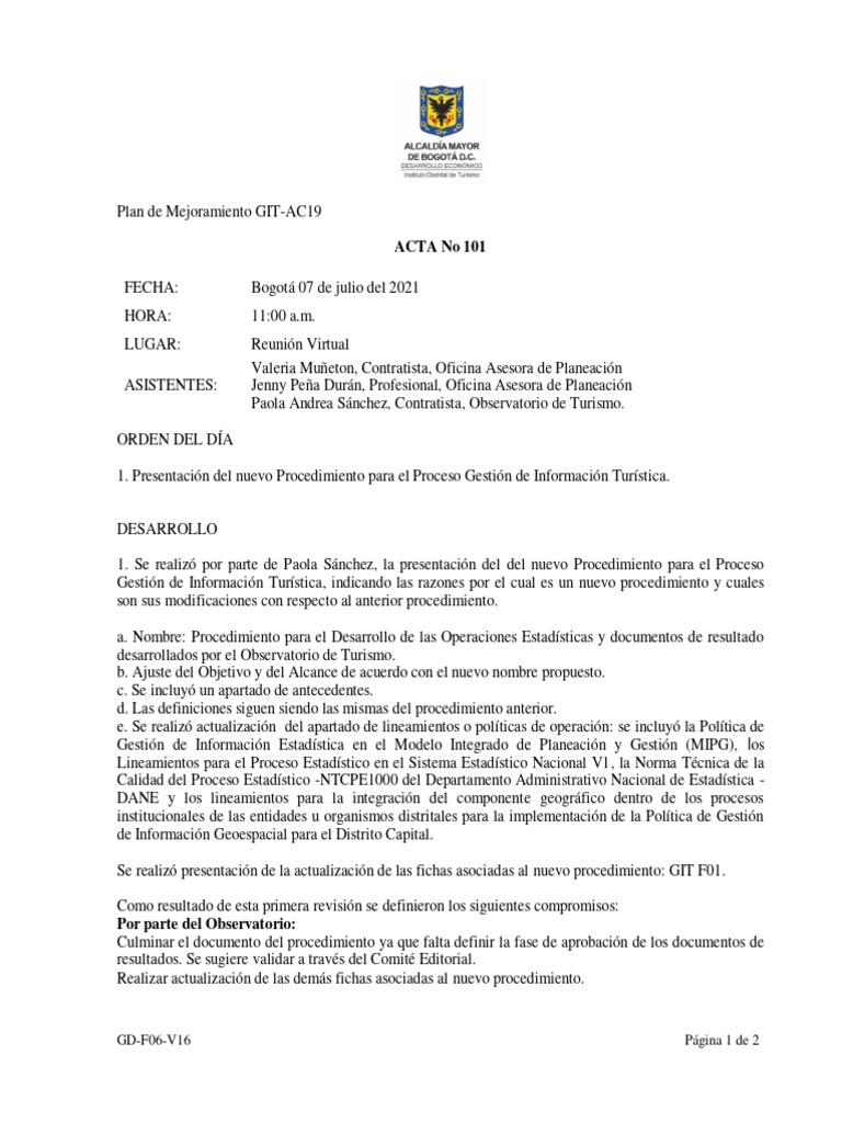 Acta No 101 Plan de Mejoramiento GIT-AC19 | PDF | Planificación