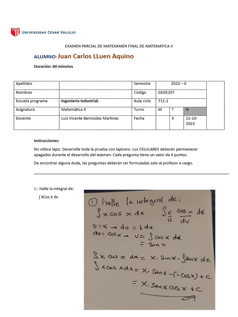 Examen Final de Matematica II | PDF