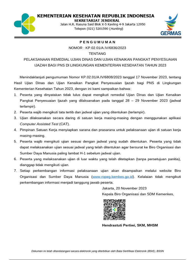 Remedial Ujian Dinas PNS Kemenkes 2023 | PDF