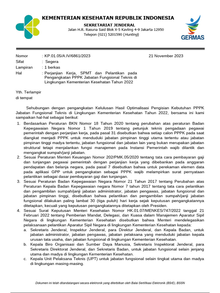 Perjanjian Kerja, SPMT Dan Pelantikan Optimalisasi PPPK 2022 | PDF