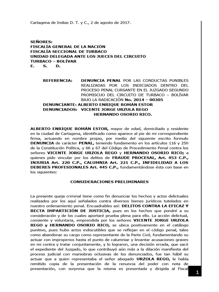 Denuncia Alberto Roman | PDF | Derecho penal | Caso de ley